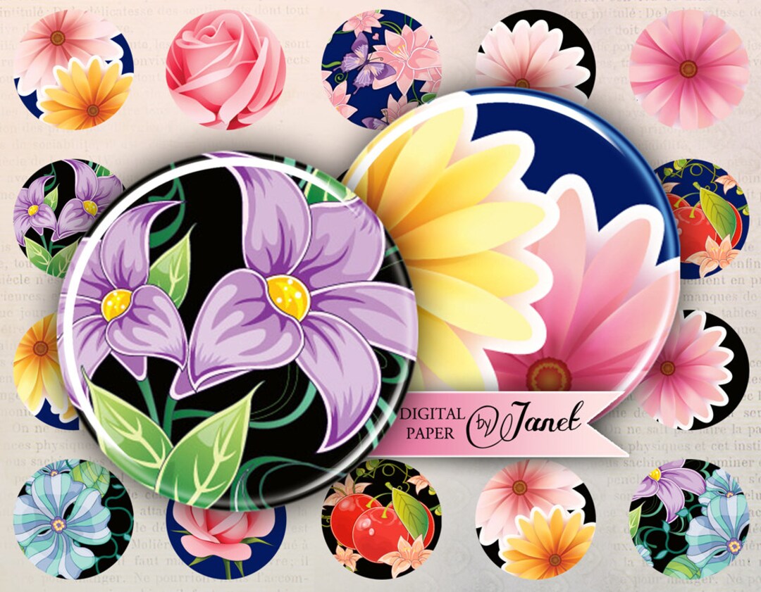 Flower POP Circles Image Digital Collage Sheet 1 X 1 Inch Printable ...