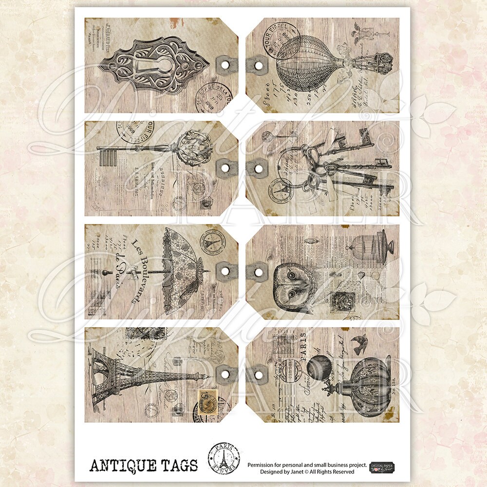 Antique Tags Digital Collage Sheet Set of 8 Printable - Etsy