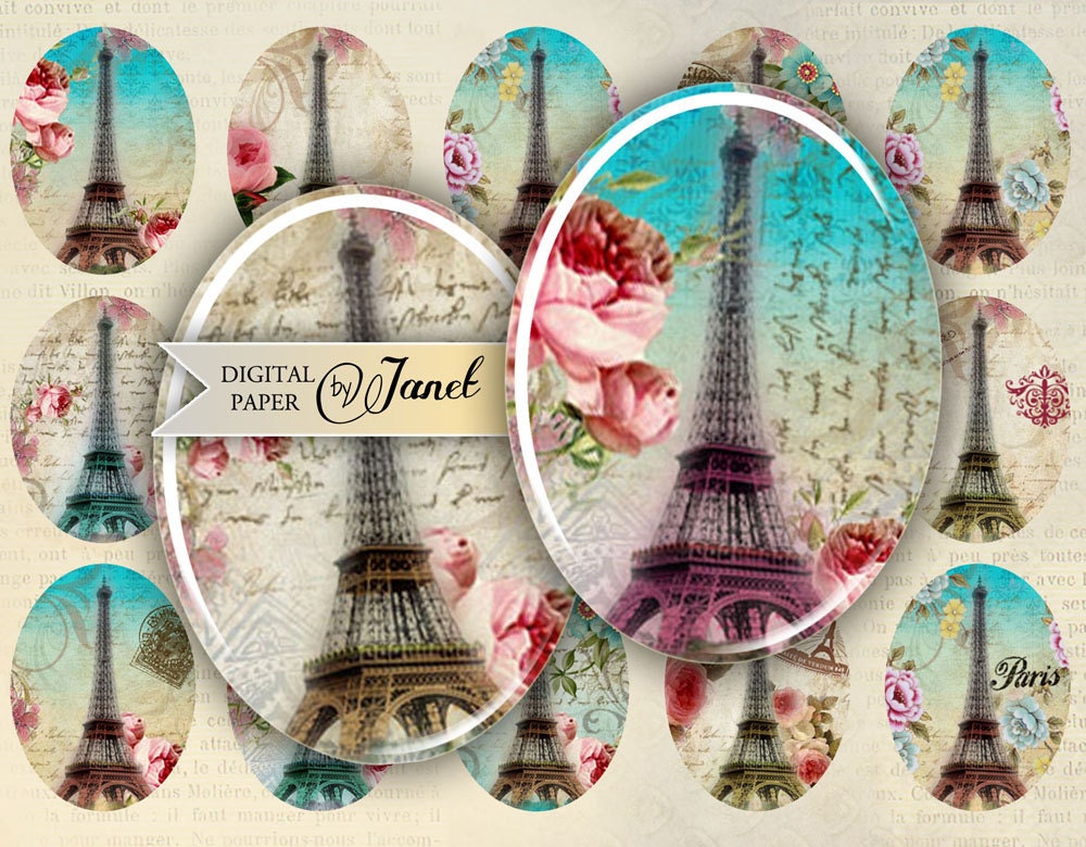 Paris and Roses oval image 30 x 40 mm digital collage | Etsy
