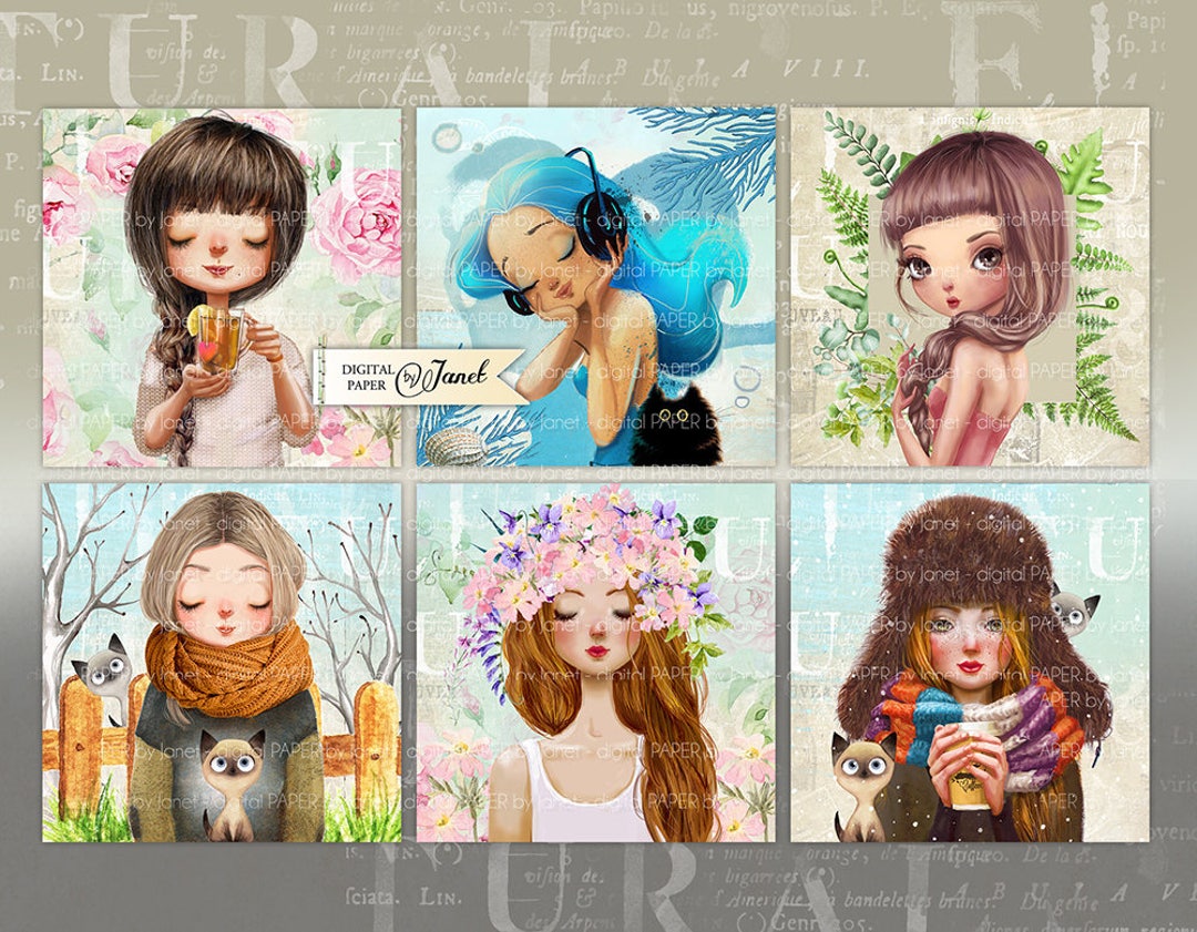 Girls Sweet Cards Set of 6 Digital Collage Sheet Printable Download - Etsy