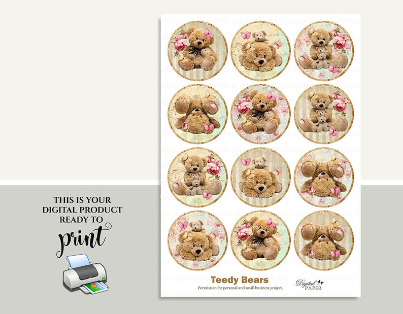 Teddy Bears - 2.5 Inch Circles - Set of 12 - Digital Collage Sheet ...