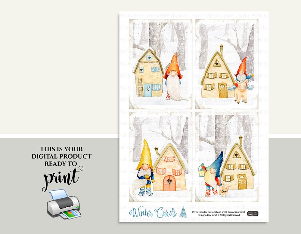 Winter Card Digital Collage Sheet Set of 4 Cards | Etsy