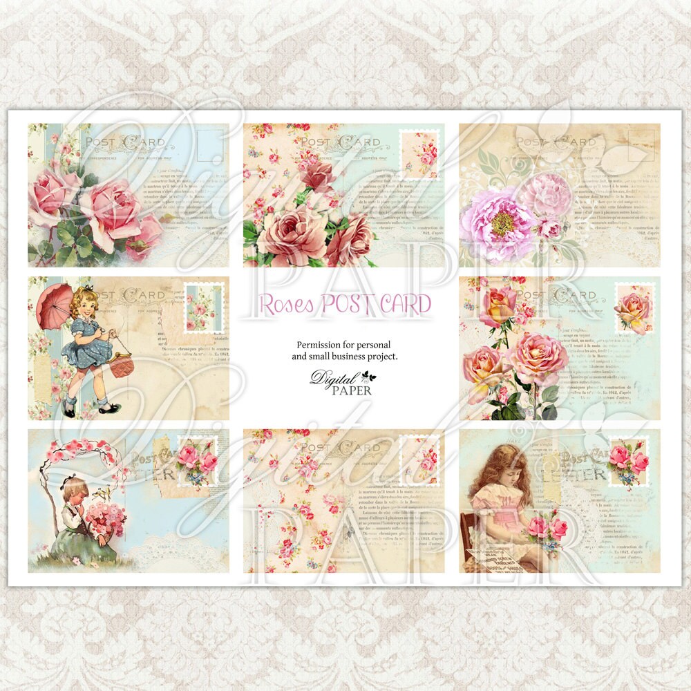 Roses Post Card Digital Collage Sheet Set of 8 Printable - Etsy