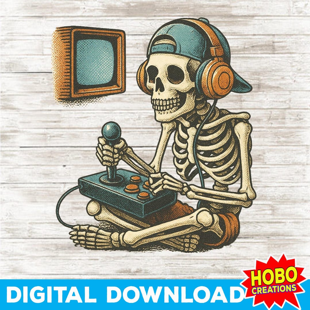 Retro Skeleton Gamer PNG – Vintage Halloween Gaming Skeleton Clipart ...