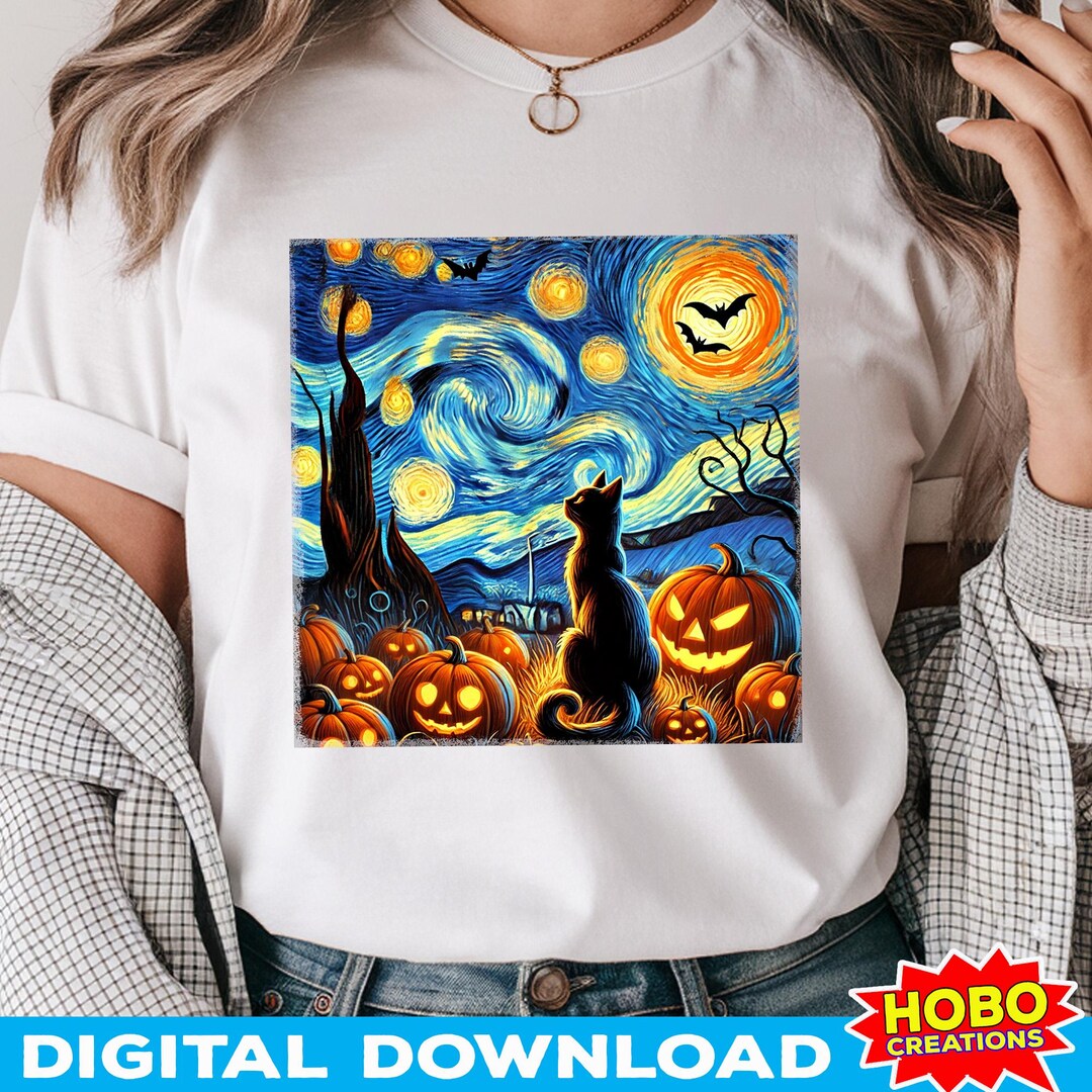 Black Cat Halloween Van Gogh Starry Night Png, Pumpkins Bats Png ...