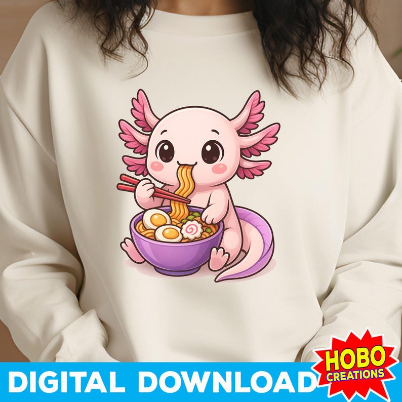 Cute Axolotl Eating Ramen PNG, Kawaii Noodle Bowl Digital Download ...