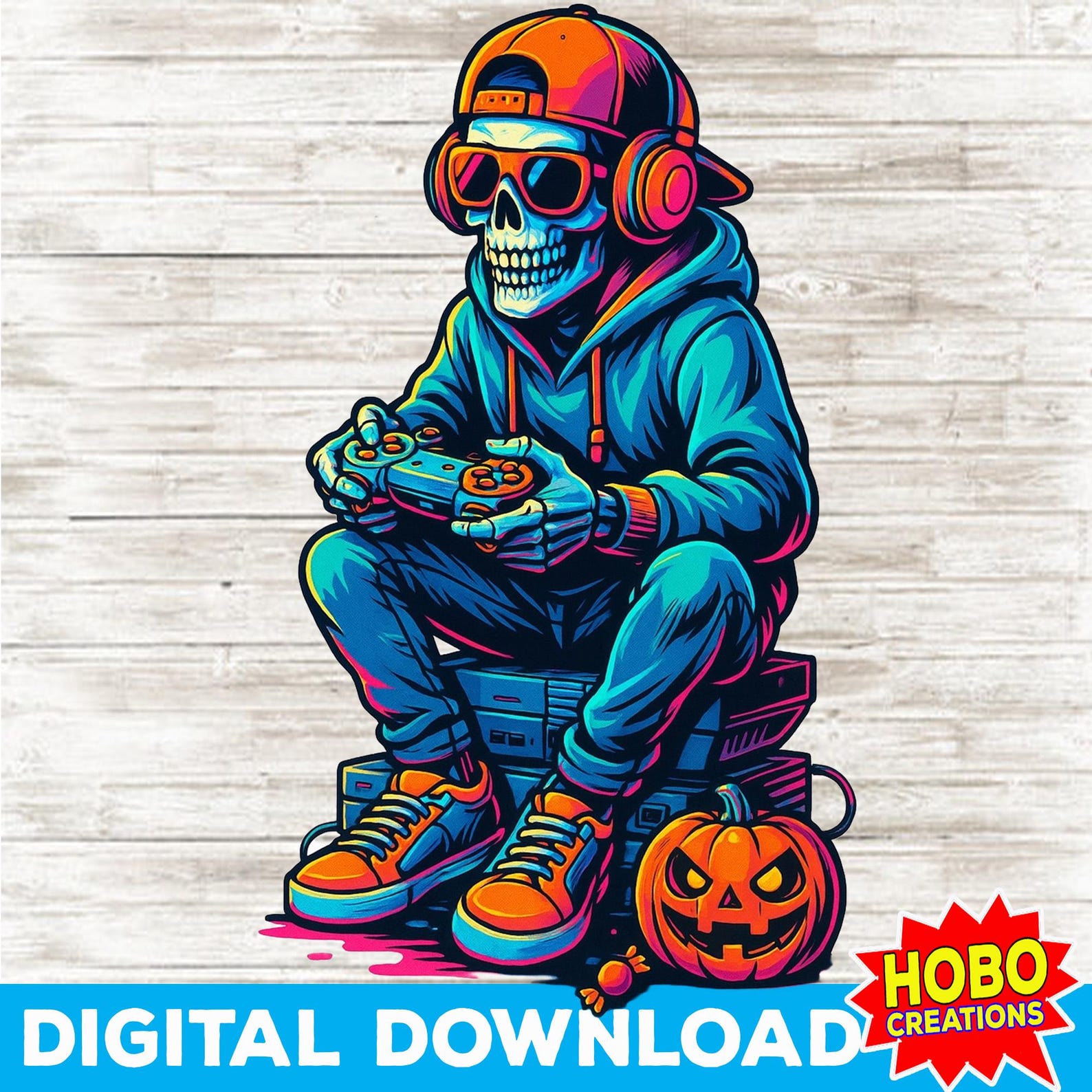 Neon Gamer Skeleton PNG, Halloween Gaming Sublimation Design, Spooky ...