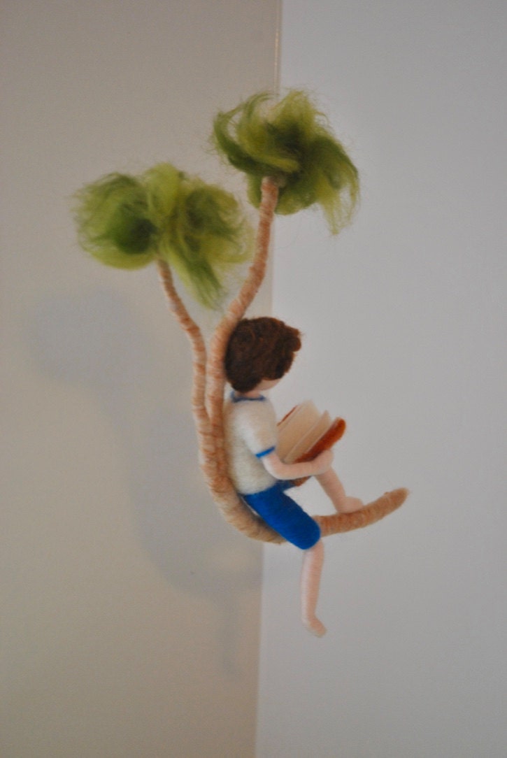 Boys Room Decor Needle Felted Ornament: Boy Reading a Book in a Branch ...