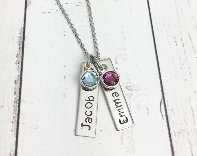 Name Tag Necklace With Birthstones - Mother Tag Necklace - Rectangle ...