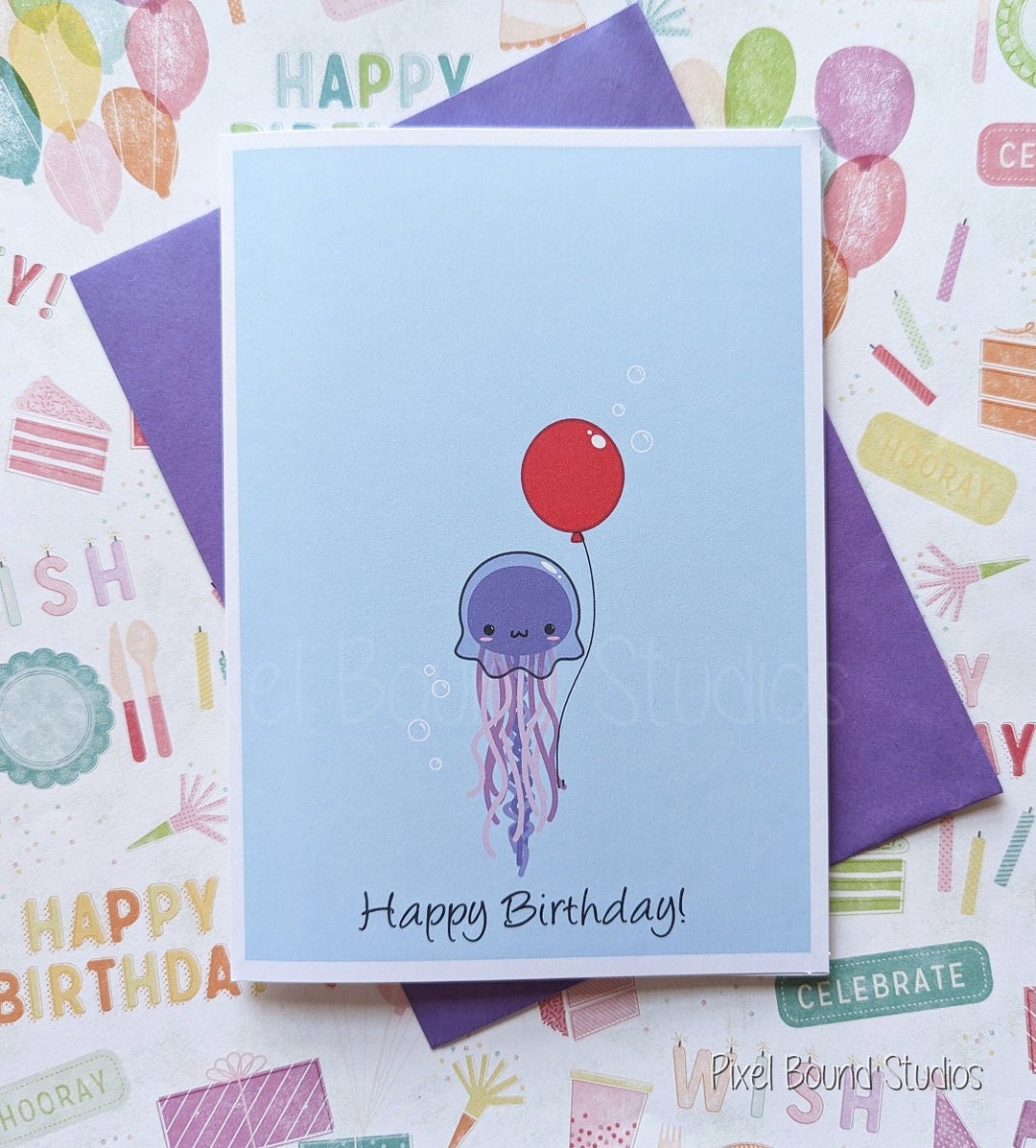 Cute Happy Birthday Chibi Jellyfish With Balloon Birthday Card 5″ X 7 ...
