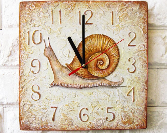 Brown Snail Wall Clock, OOAK, Modern Wall Clock With Numbers, White ...