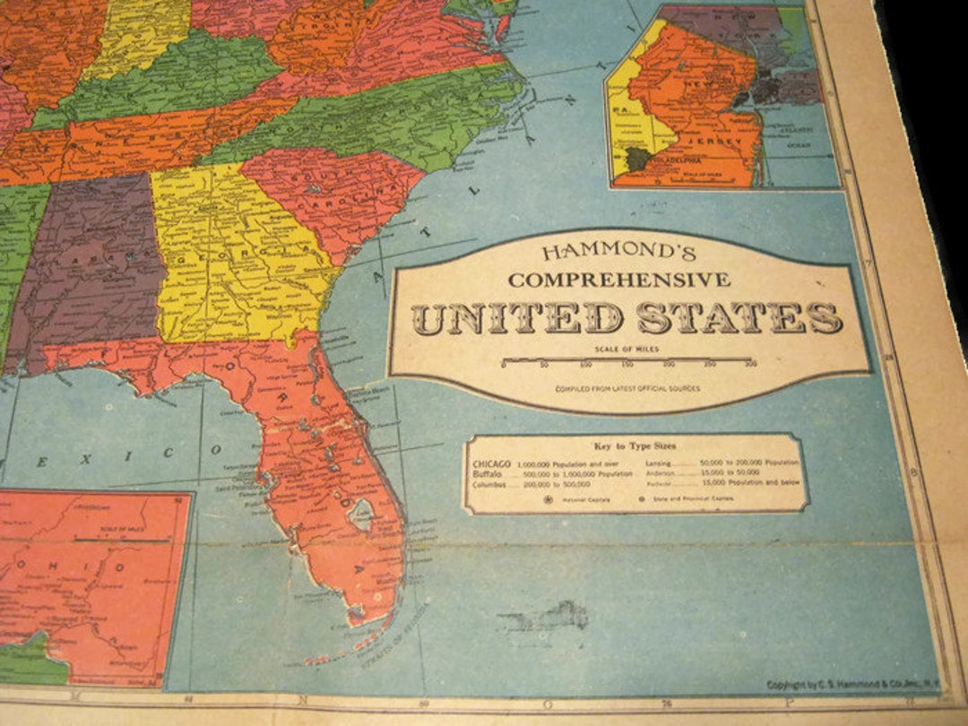 Vintage 1920s US Map Hammond's Comprehensive Map of the United States ...