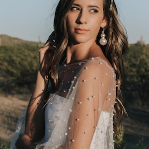 Pearl Bridal Cape Wedding Dress Cover up Long Tulle Cape Beaded Veil ...