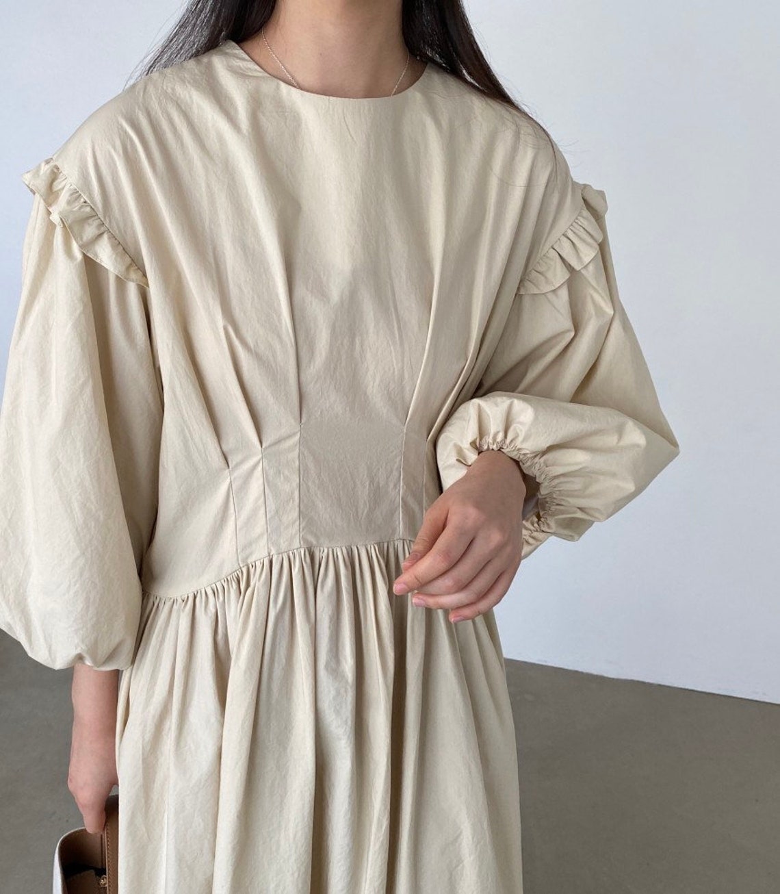 Plain Cotton Long Dress, Pin Tuck Balloon Sleeves Cotton Dress, Pin ...