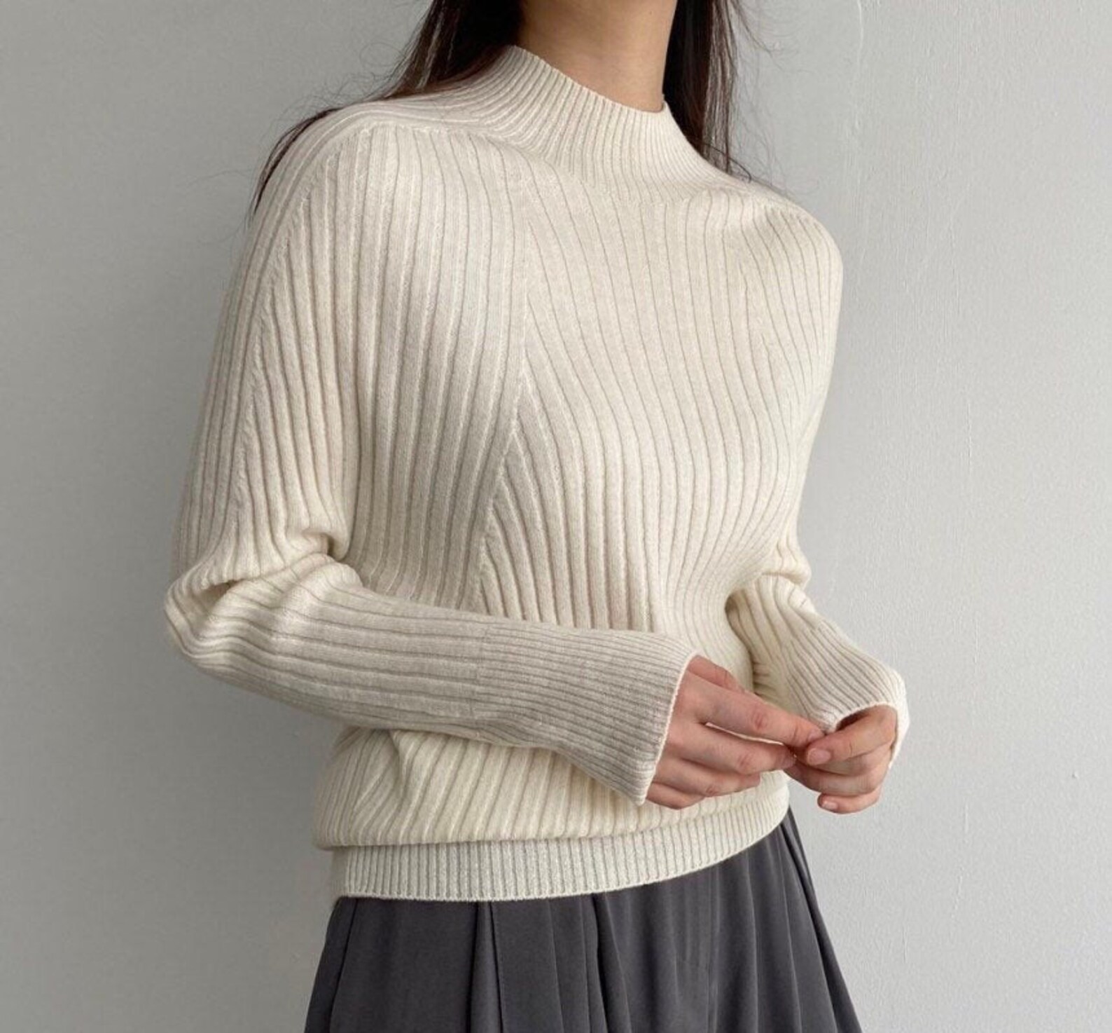Seamless High Neck Merino Wool Rib Knit Sweater Super Fine Merino Wool Knit Sweater Raglan