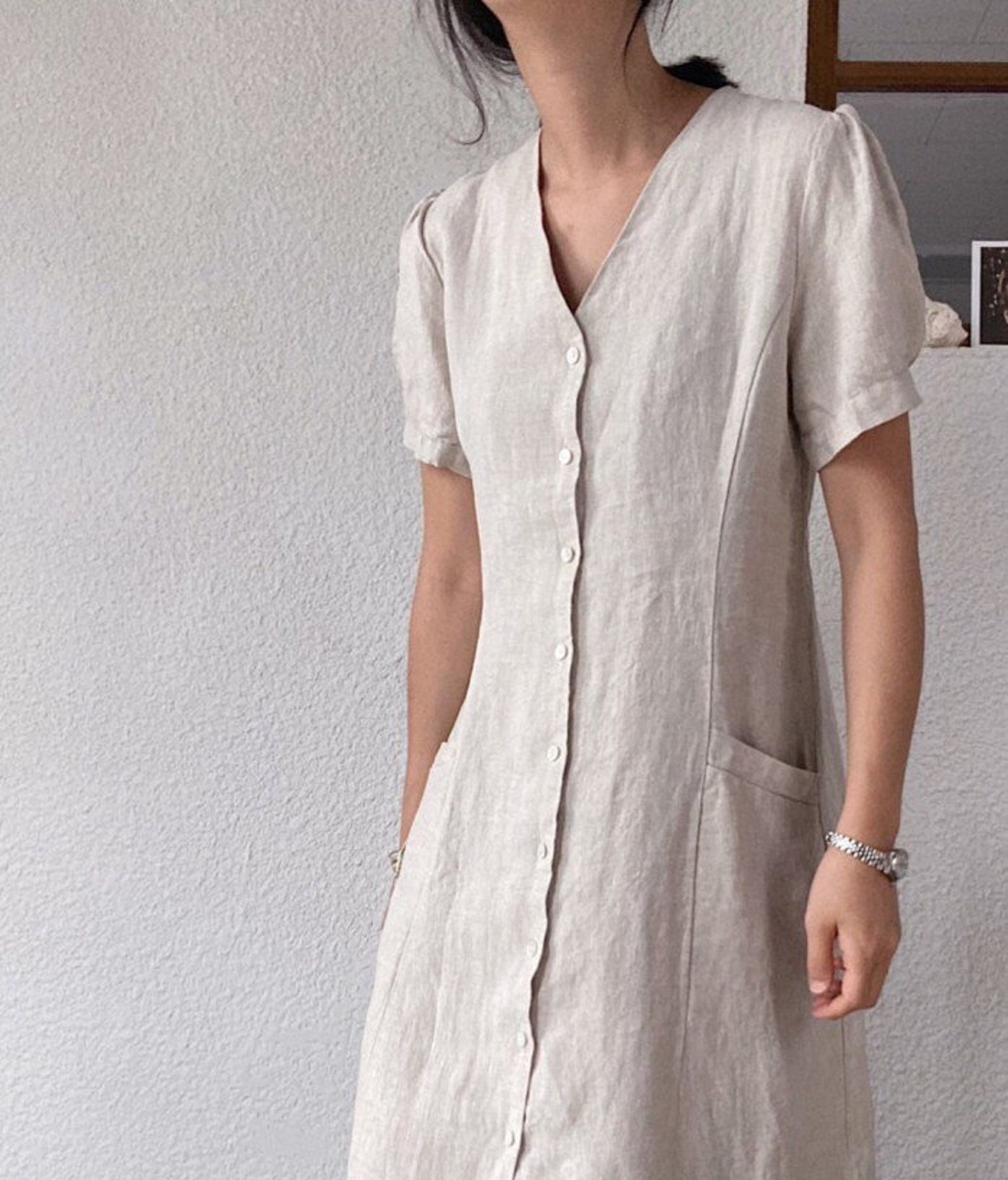 Vintage Inspired Deep Plunge Plain Linen Maxi Dress, Button Down Linen ...