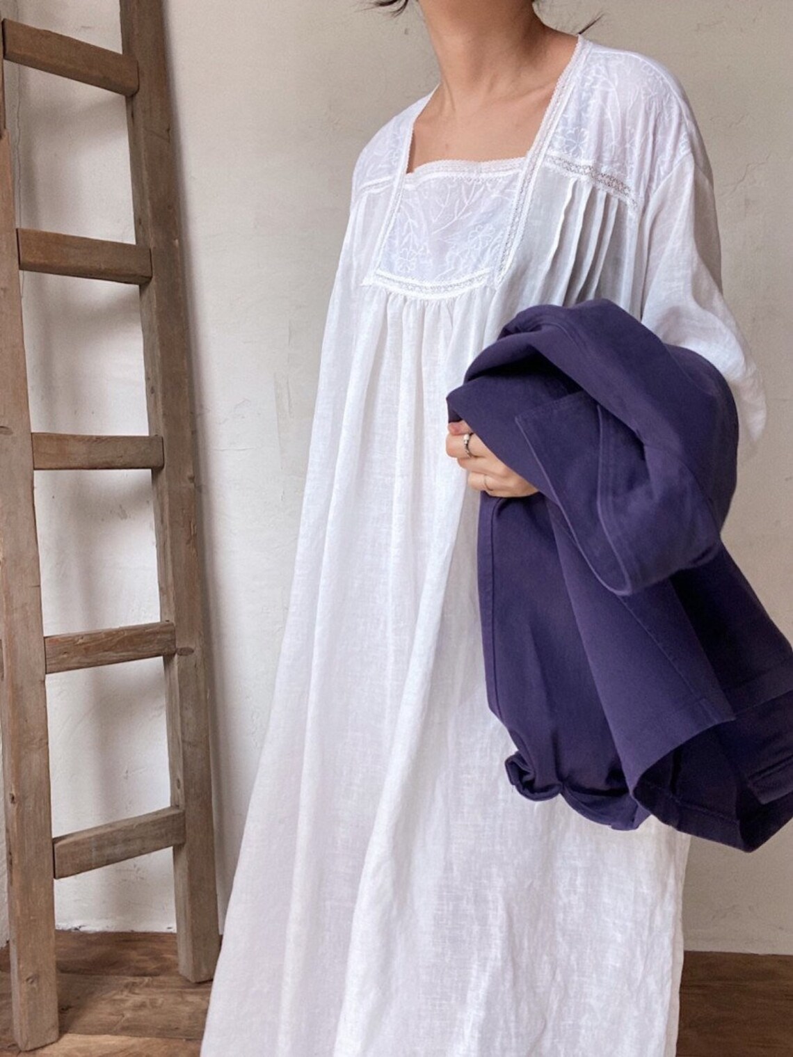 Lace Trimmed Plain White Linen and Cotton Dress Slouchy Linen | Etsy