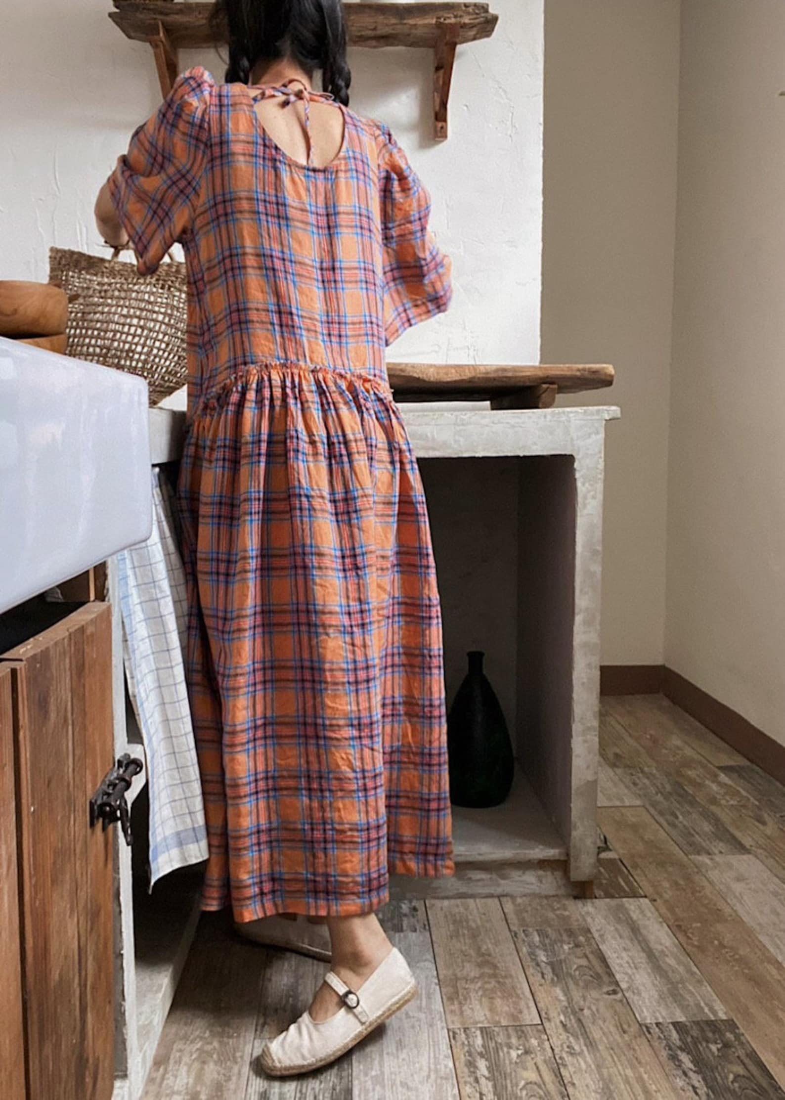 Check Linen Dress Orange Check Linen Dress Blue Check Linen - Etsy
