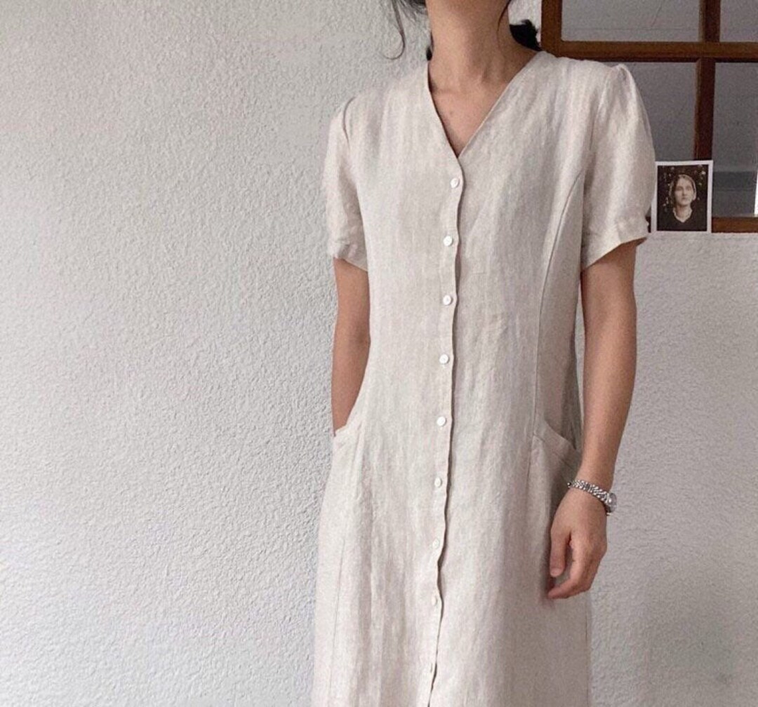 Vintage Inspired Deep Plunge Plain Linen Maxi Dress, Button Down Linen ...