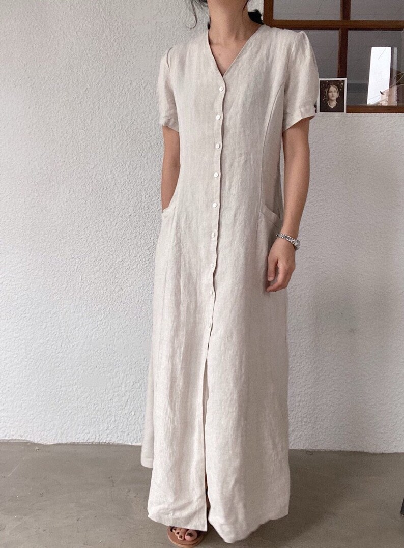 Vintage Inspired Deep Plunge Plain Linen Maxi Dress, Button Down Linen ...