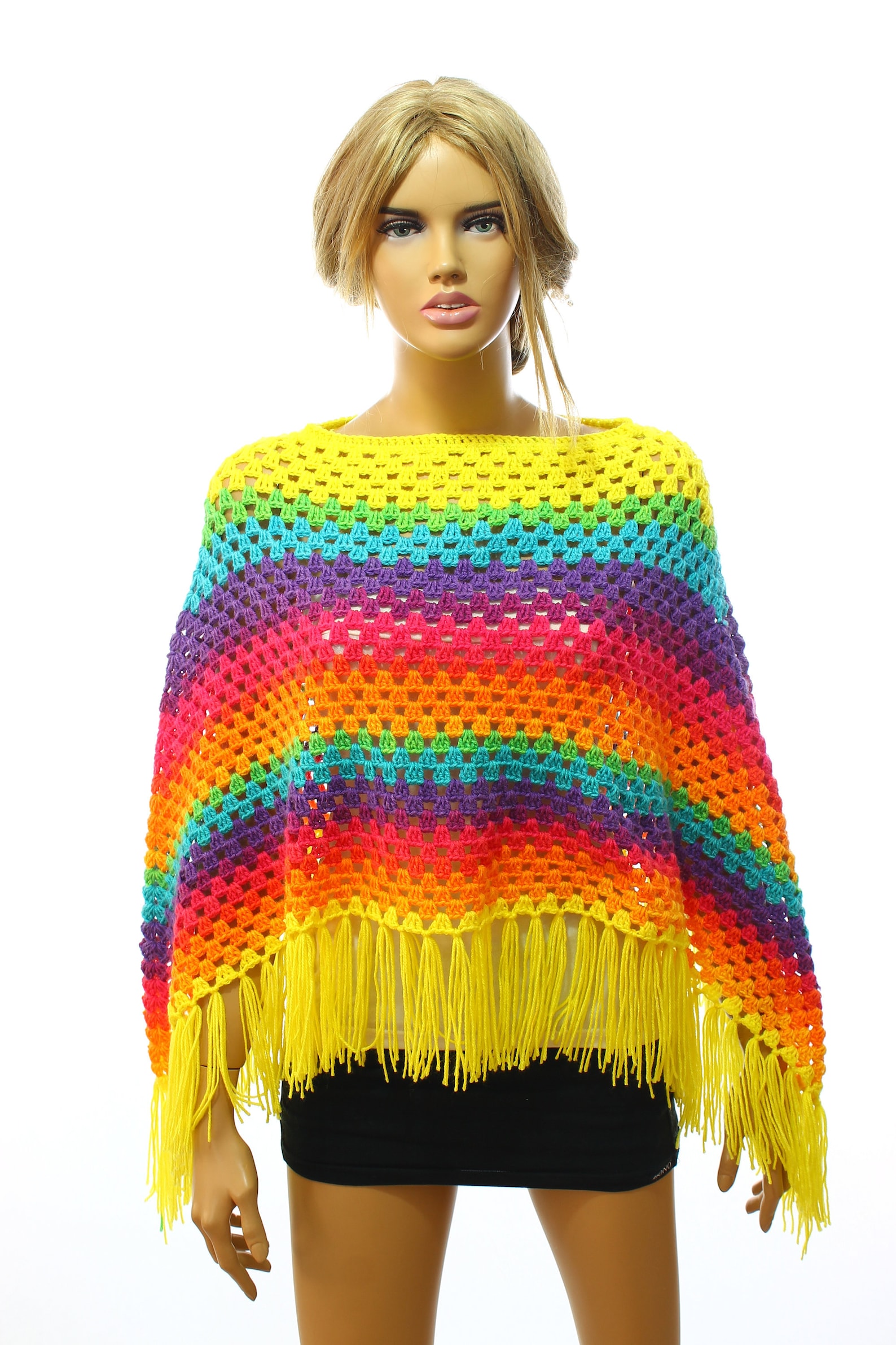 Rainbow Crochet Poncho, Hand Crochet Multicolor Women Poncho, Sweater ...