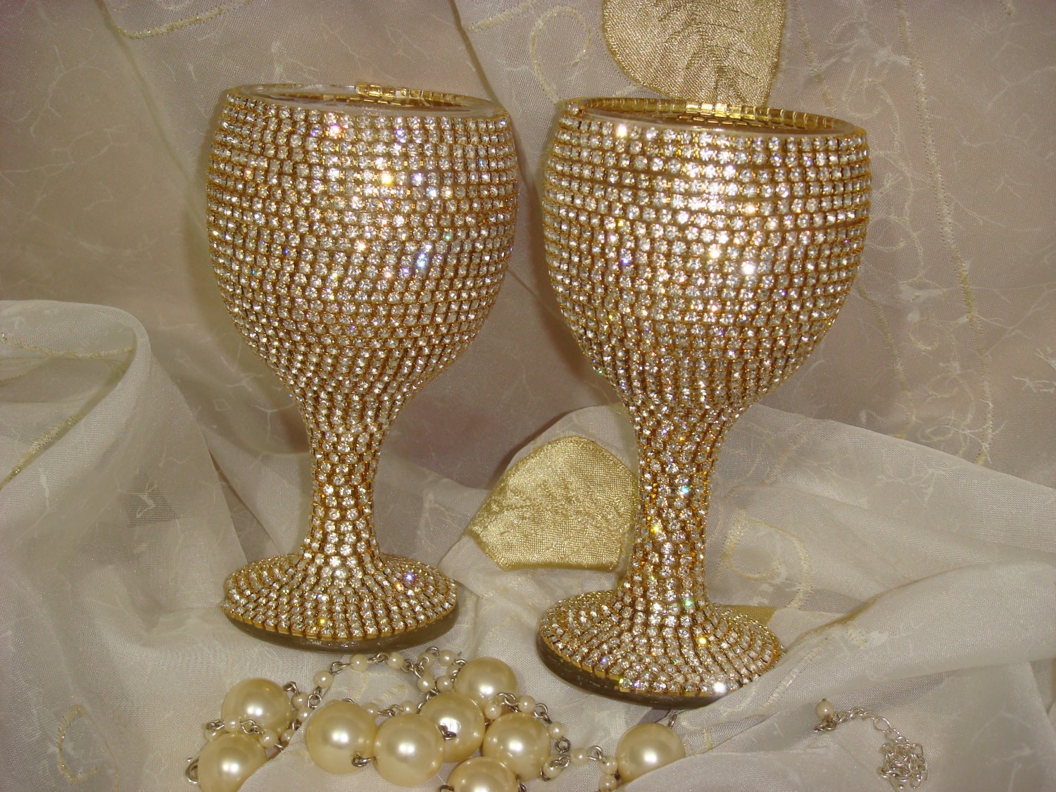 Custom designed handmade pair of golden wine glasses with | Etsy