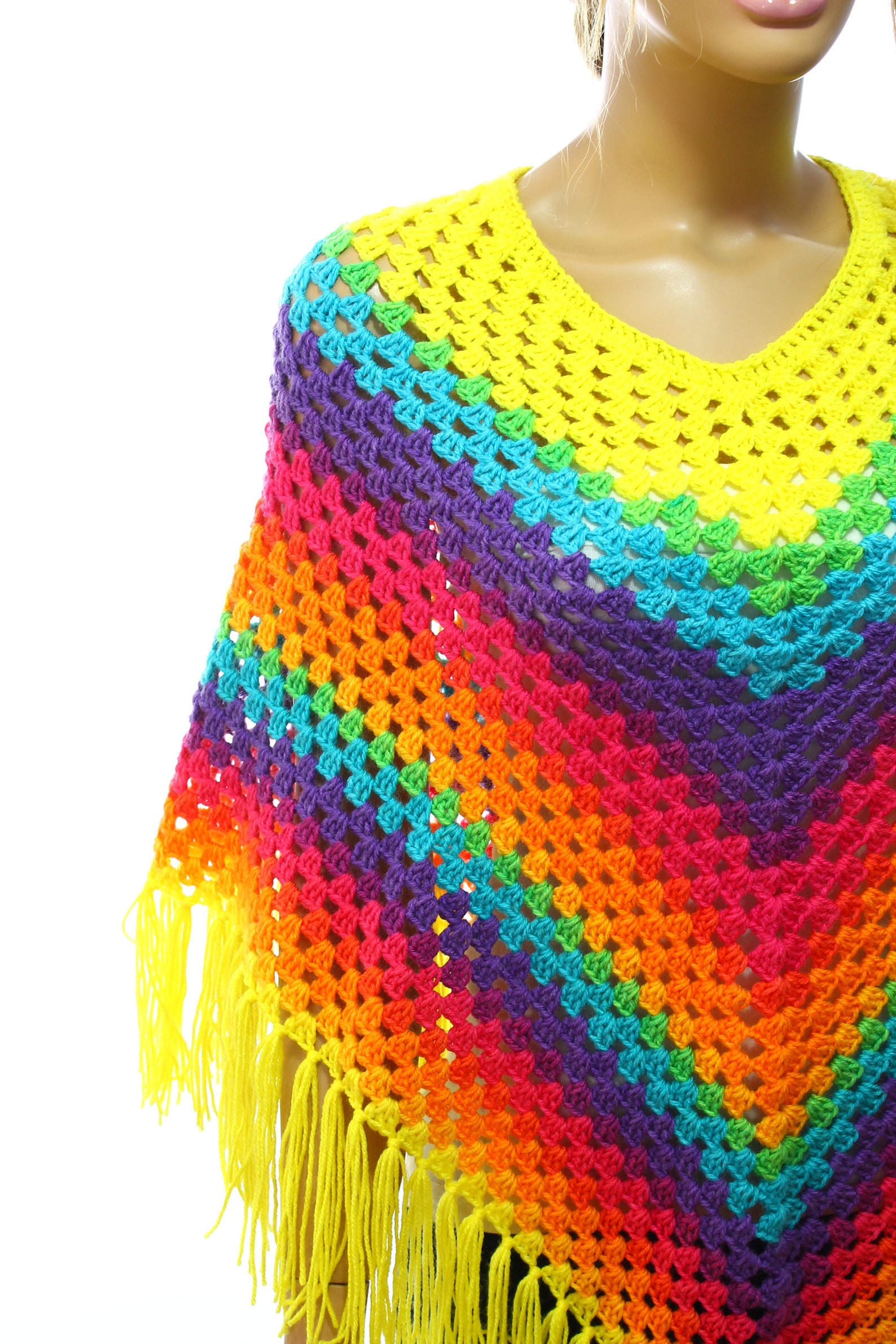 Rainbow Crochet Poncho, Hand Crochet Multicolor Women Poncho, Sweater ...