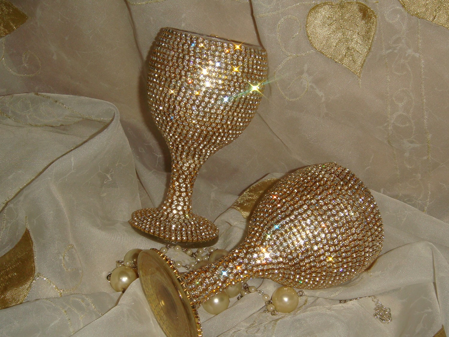 Custom designed handmade pair of golden wine glasses with | Etsy