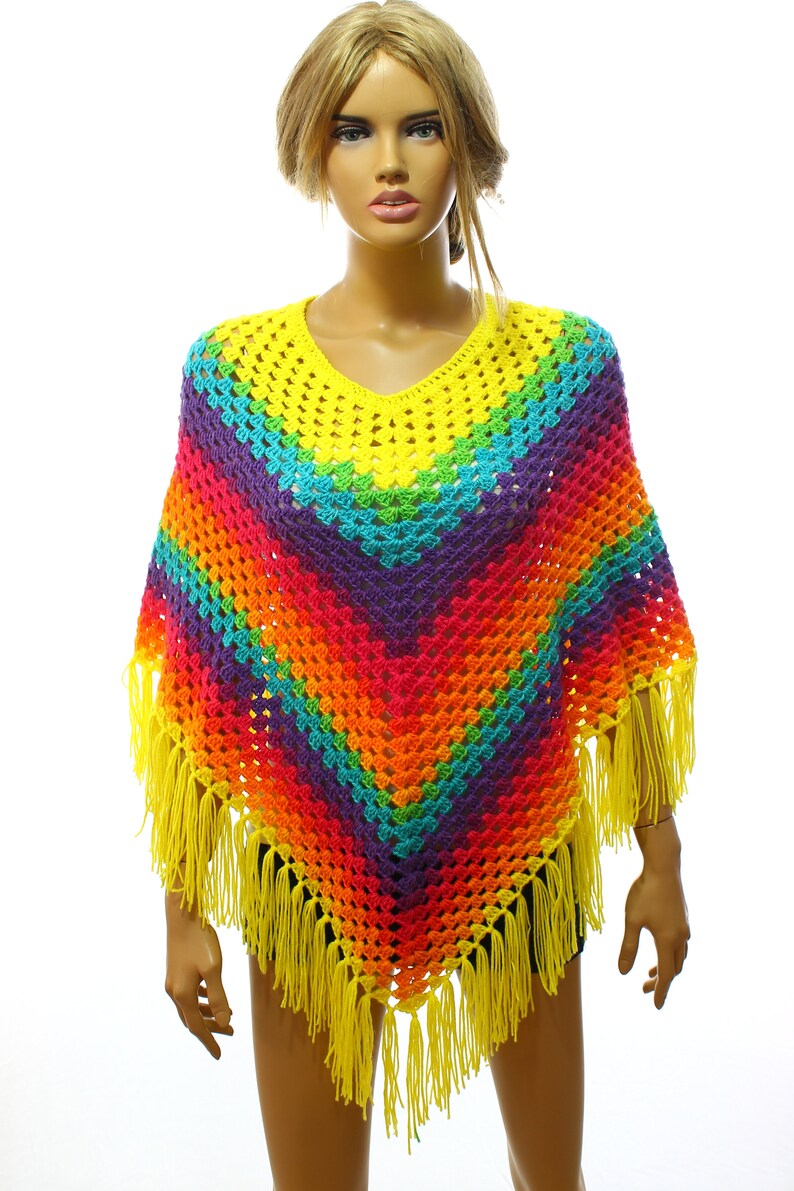 Rainbow Crochet Poncho, Hand Crochet Multicolor Women Poncho, Sweater ...