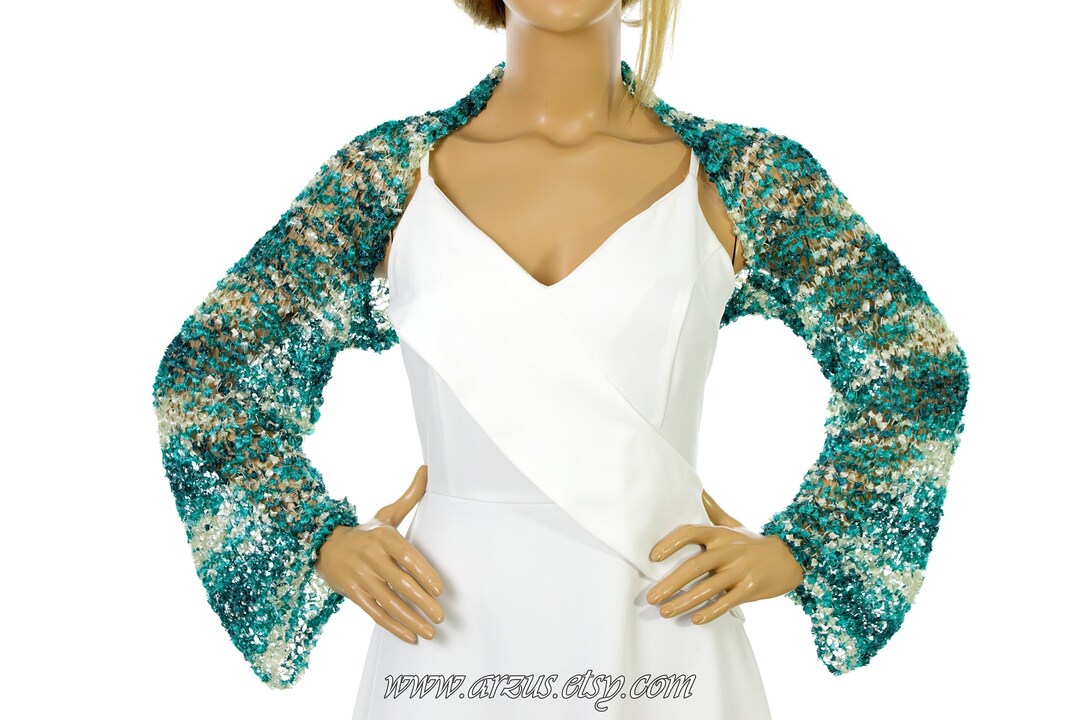 Turquoise Wedding Evening Shrug Knit Cover Ups Shawls Wraps Long Sleeve ...