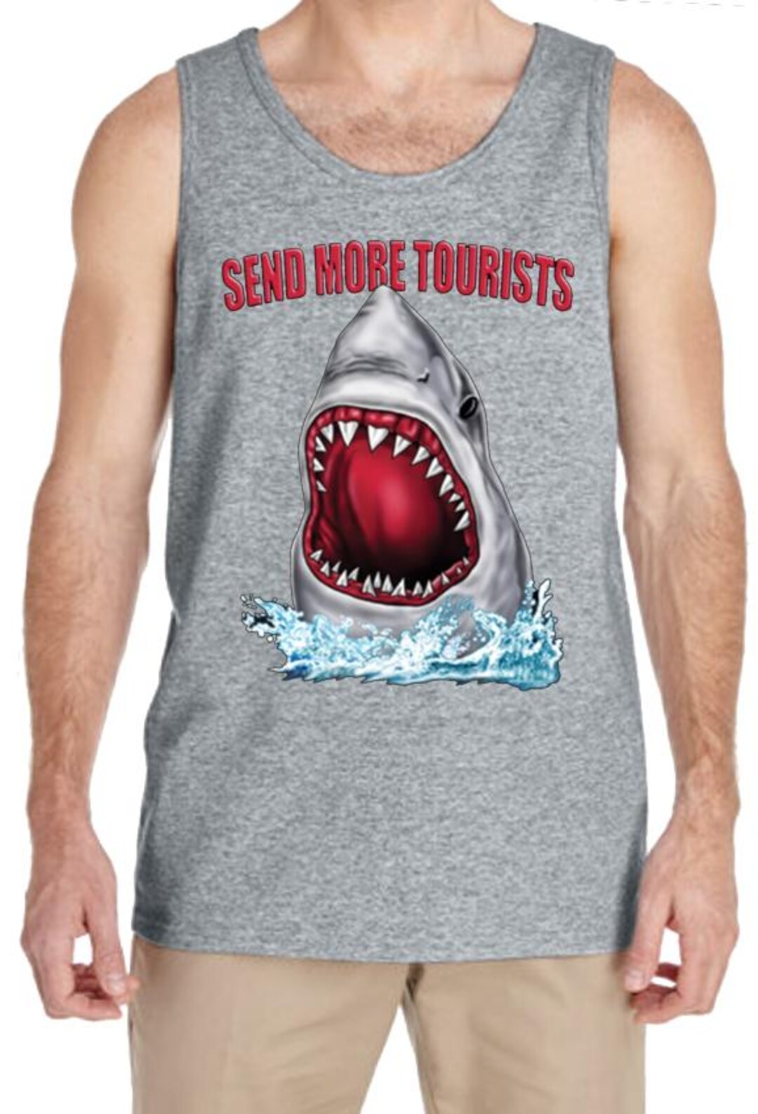 Send More Tourist Shark Tank Top , Funny Grey Tank Top , Florida Fun ...