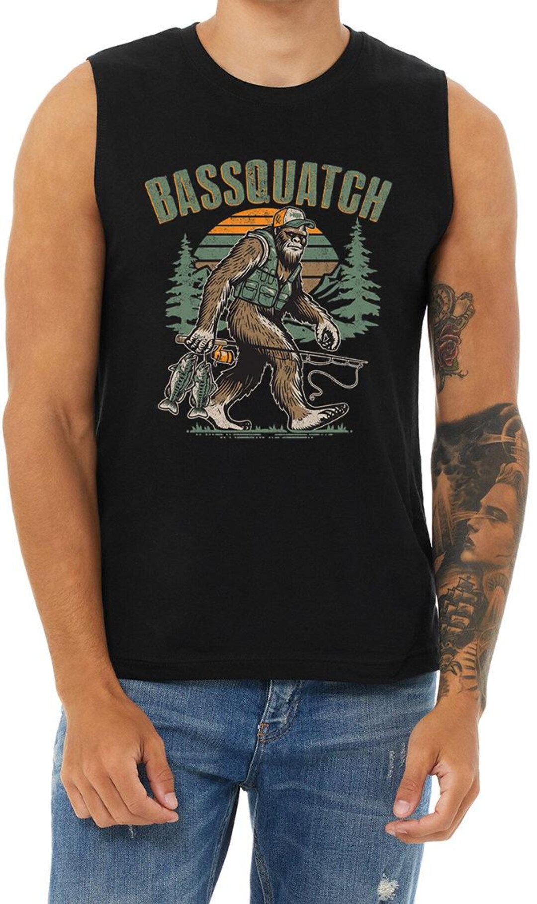 Bassquatch Bigfoot Fishing ,black Sleeveless Shirt , Fishing Dad Tee ...