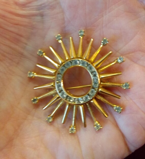 Vintage Sunburst Starburst Crystal Rhinestone Gold To… - Gem