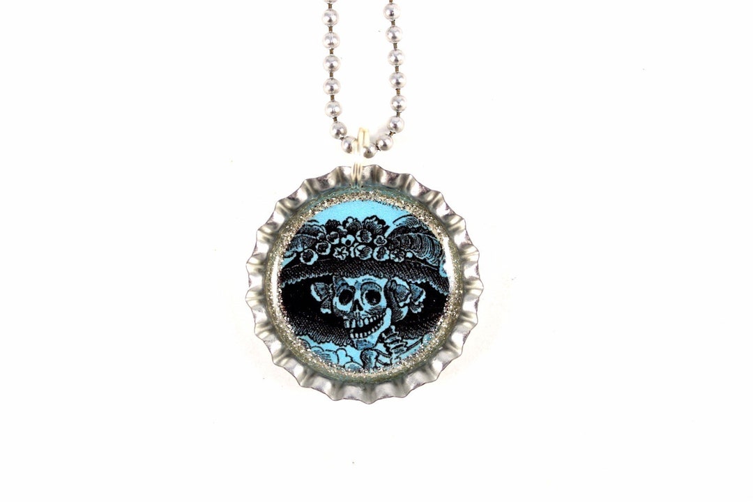 Day of the Dead Catrina Bottle Cap Necklace, Sugar Skull Jewelry ...