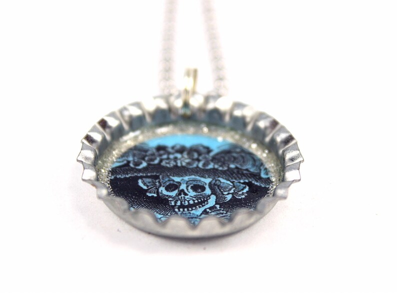 Day of the Dead Catrina Bottle Cap Necklace, Sugar Skull Jewelry ...