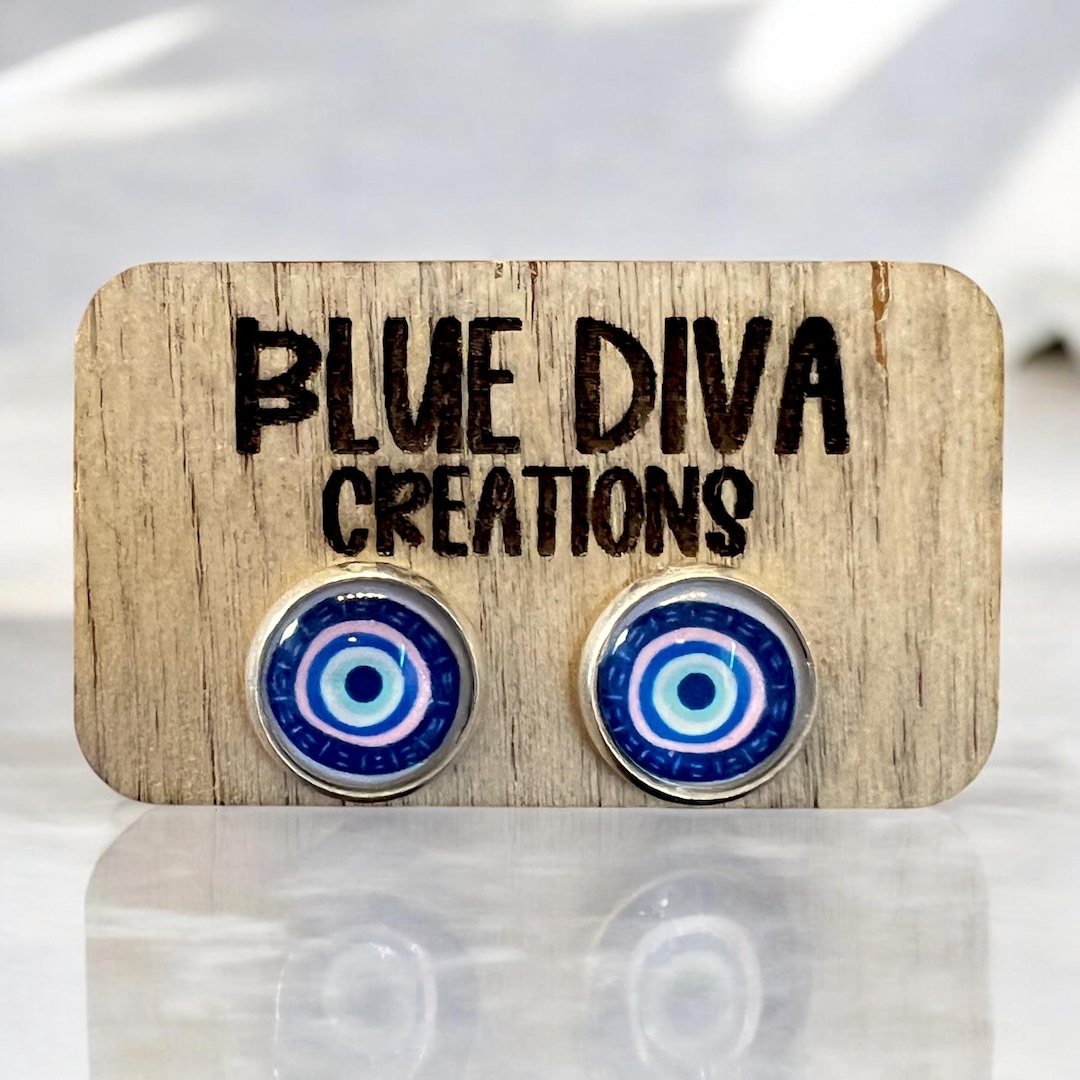 12mm Evil Eye Stud Earrings - Glass Dome Protection Jewelry - Blue Evil ...