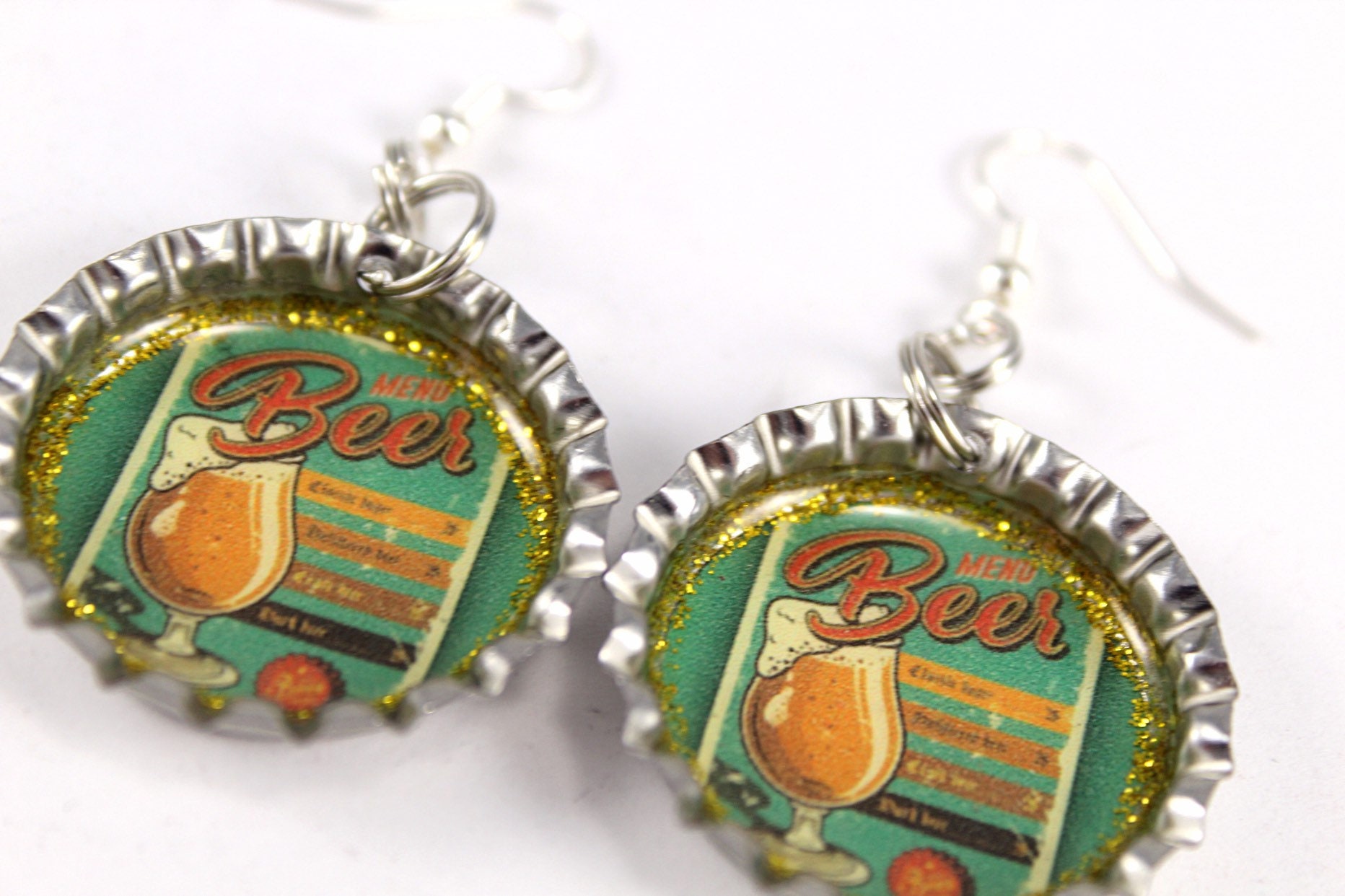Beer Bottle Cap Earrings, Retro Advertisement, Alcohol Jewelry - Etsy