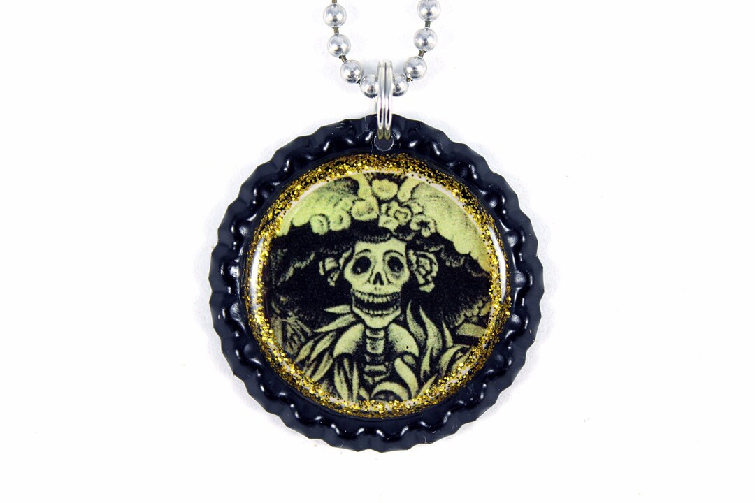 Day of the Dead Catrina Bottle Cap Necklace, Sugar Skull Jewelry - Etsy