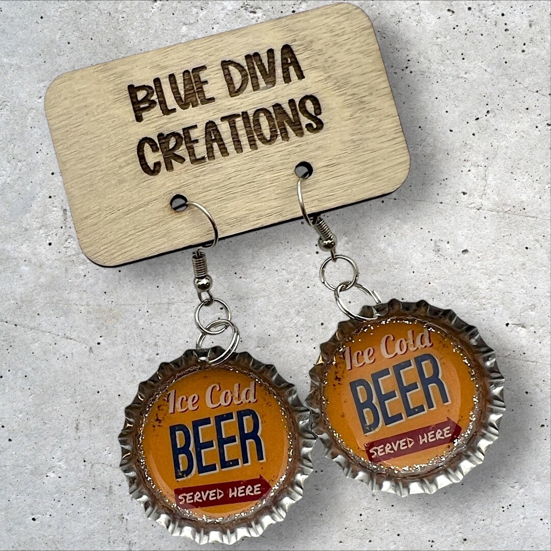 Beer Bottle Cap Earrings, Retro Vintage Advertisement Alcohol Jewelry ...