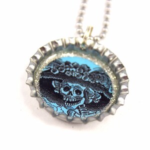 Day of the Dead Catrina Bottle Cap Necklace, Sugar Skull Jewelry ...
