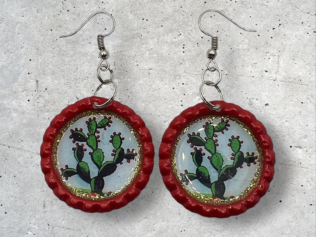 Mexican Loteria El Nopal Red Bottle Cap Upcycled Repurposed Earrings ...