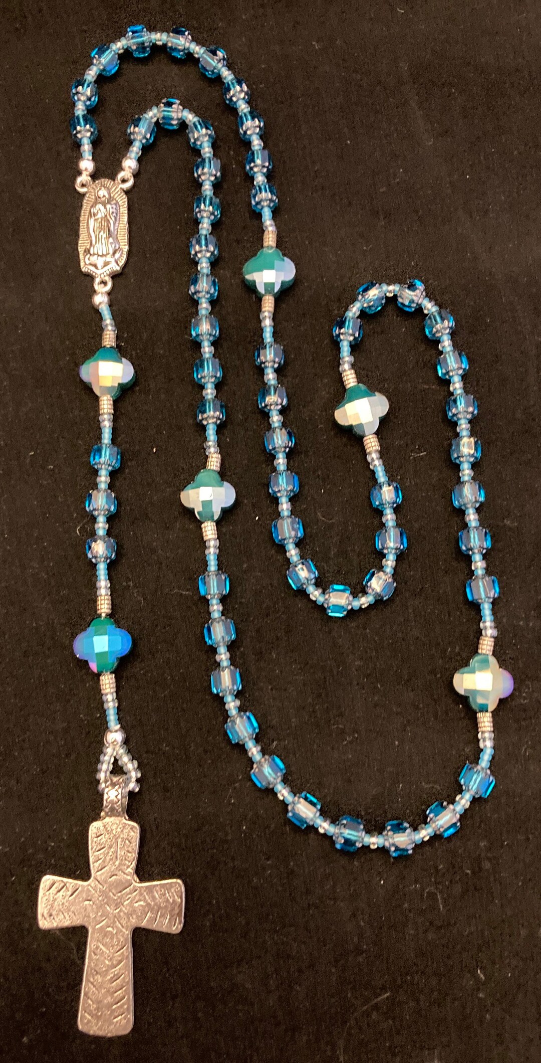 Hand Crafted Teal Blue Color Rosary With Glass Beads, Cross and Center ...