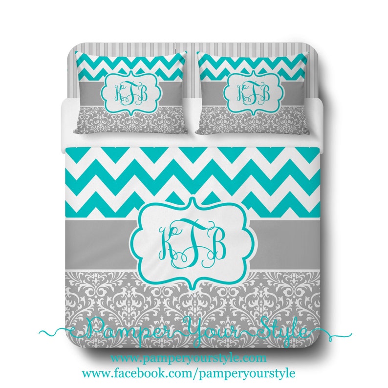 Turquoise and Gray Chevron and Damask Bedding Set for a Girl | Etsy