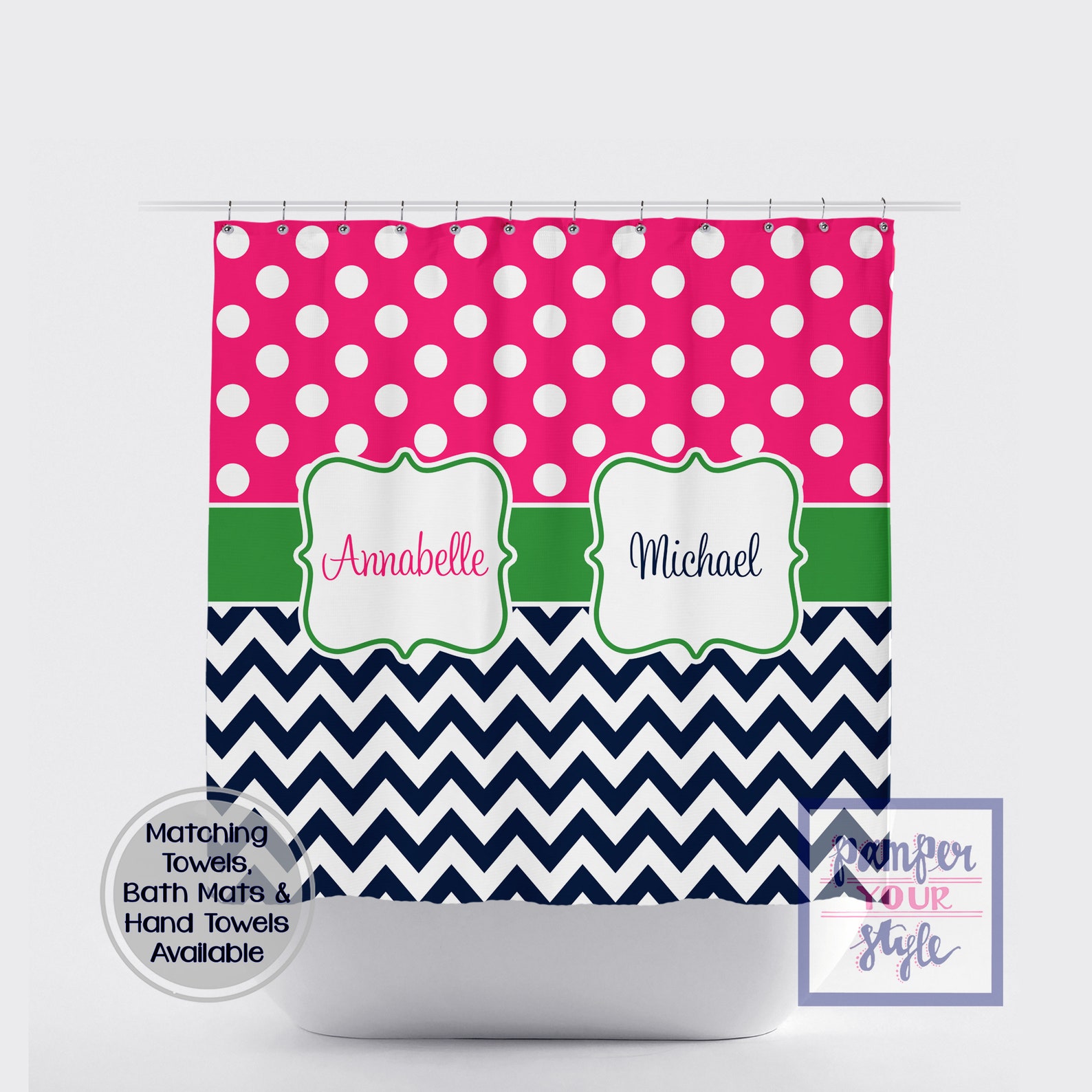 Custom Designed Polka Dot and Chevron Hot Pink, Navy and Green Shower ...