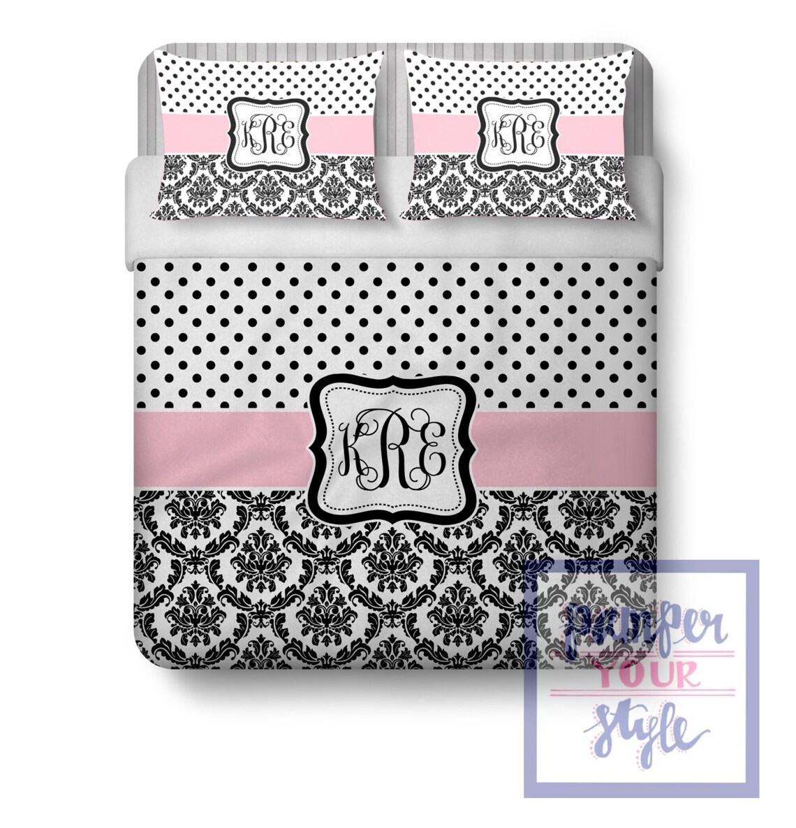 Custom Polka Dot and Damask Monogrammed Comforter or Duvet | Etsy