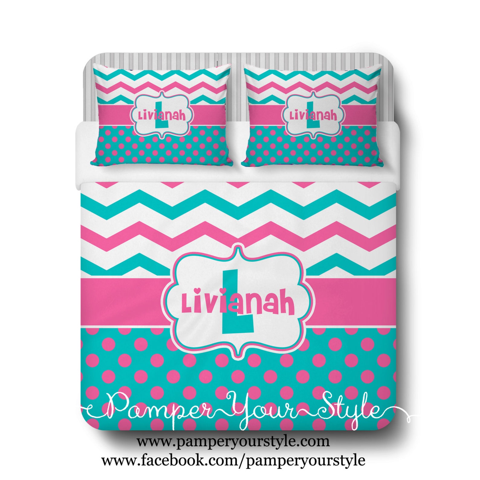 Custom Designed Polka Dot and Chevron-pink and Teal Bedding - Etsy