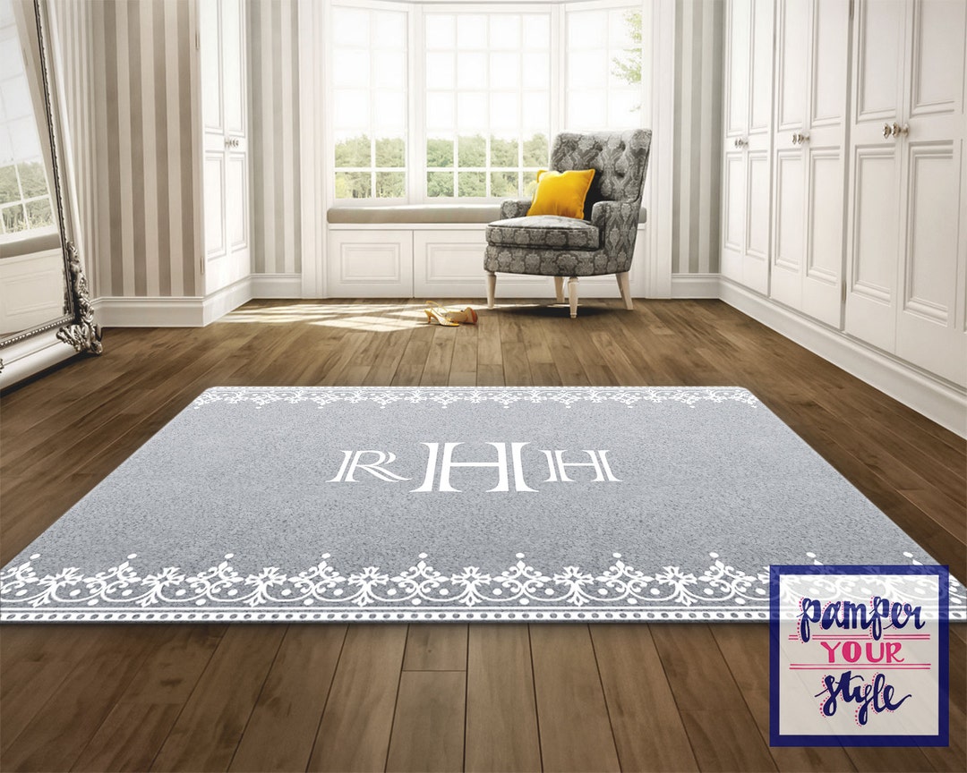 Gray and Lace Area Rug - Personalized Living Room Rug - Monogrammed ...