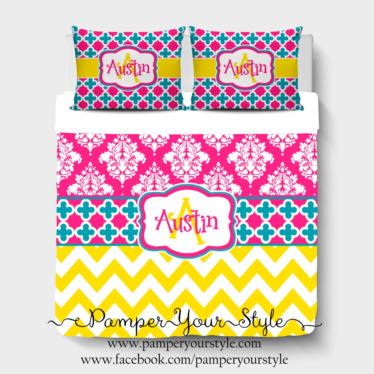 Damask and Chevron Personalized Comforter Hot Pink and Yellow Bedding ...