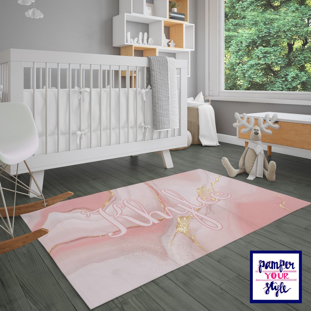 Pink and Gold Marble Area Rug - Pink Marble Nursery Decor - Nursey Rug ...