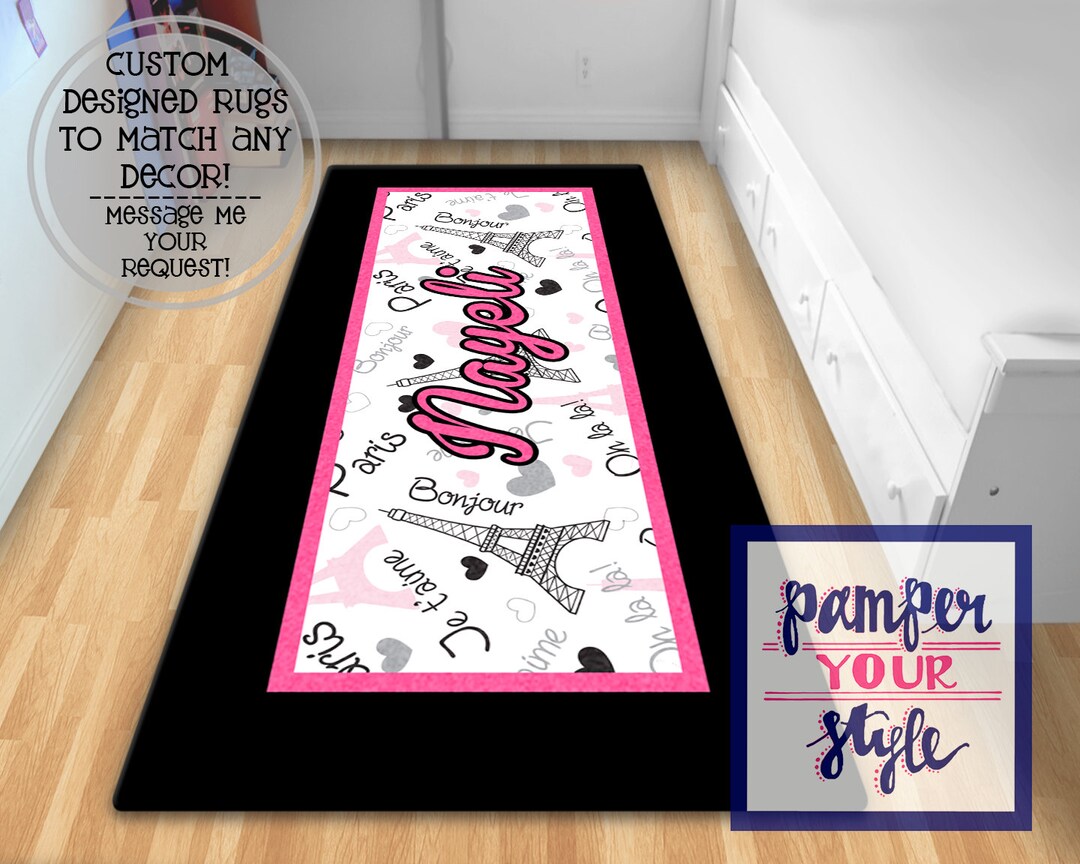 Paris Personalized Area Rug Black and Pink Paris Area Rug Eiffel Tower ...